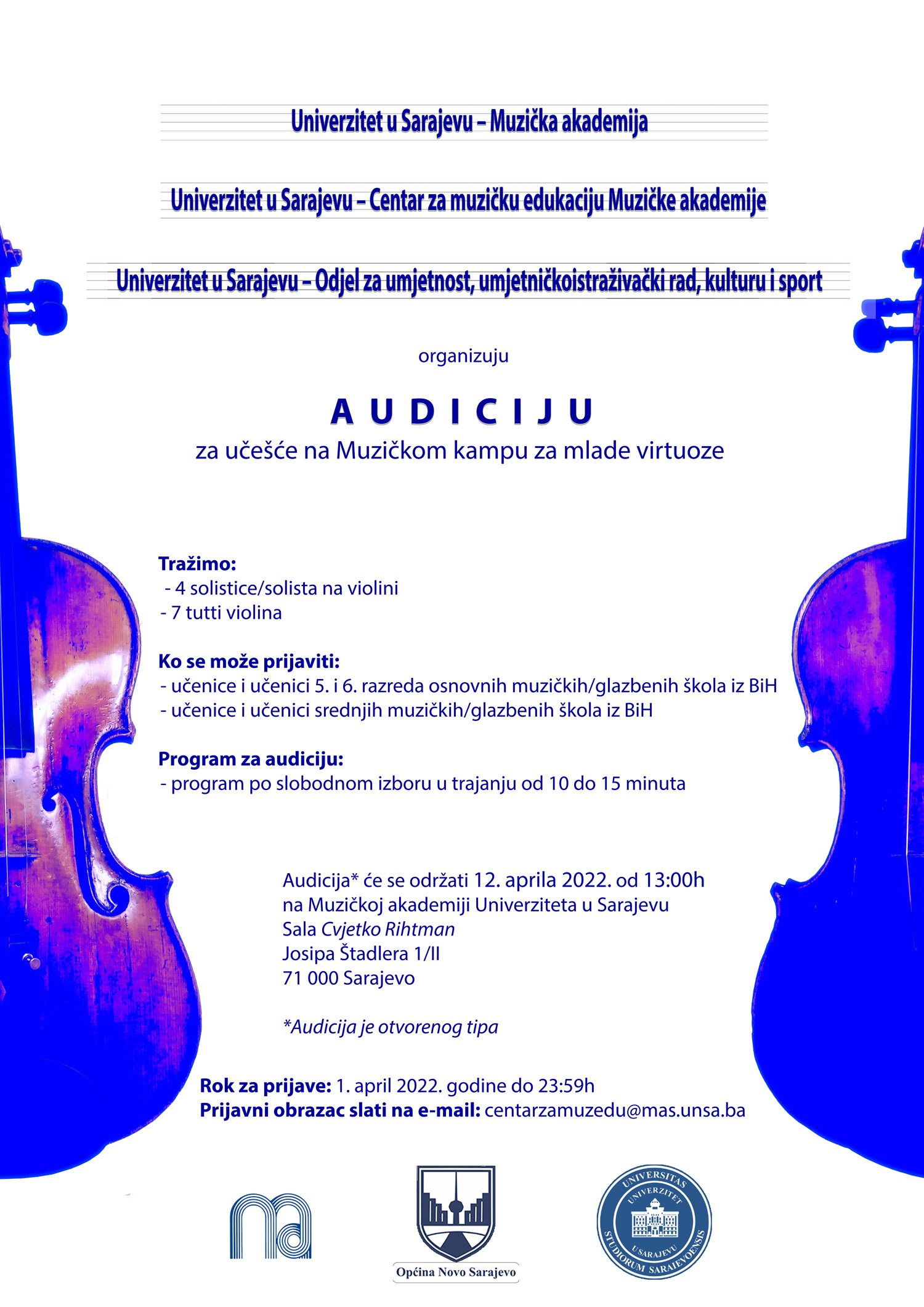 Audicija za učešće na Muzičkom kampu za mlade virtuoze | Univerzitet u Sarajevu